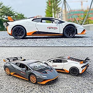 1:24 Alloy Diecast Car Model for Lamborghini Huracan STO 2021 Toy Car, Pull Back Vehicles Model Cars Toy for Kids 3 to 12 Years Old Gift Adult Collection Car Model with Sound & Light (Advanced Grey)