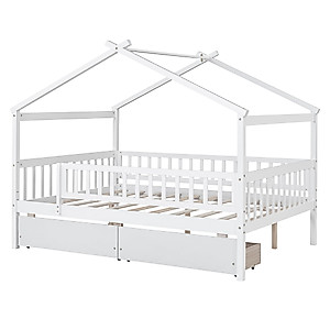 House Bed with Fence Storage, Full Size Montessori Style Beds with Railings and 2 Drawers, Wooden Playhouse Bed Frame for Kids Girls Boys, White