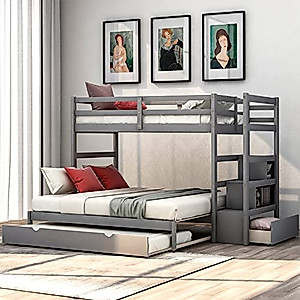 Twin Over Twin/King Bunk Beds with Trundle, New Version Wooden Bunk Beds with Storage Drawers and Stairs, Extendable Pull-Out Bunk Bed, Convertible to Twin Over King Bunk Beds (New, Grey)