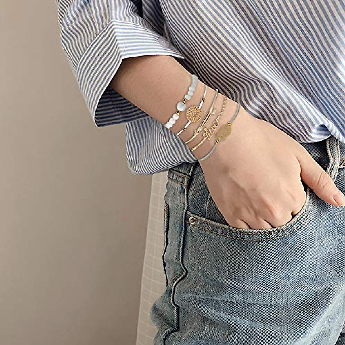 YADOCA 20 Pcs Layered Bracelet Set for Women Multiple Stackable Wrap Bangle Turtle Pineapple Arrow Feather Lotus Assorted Beaded Bracelets Adjustable Jewelry