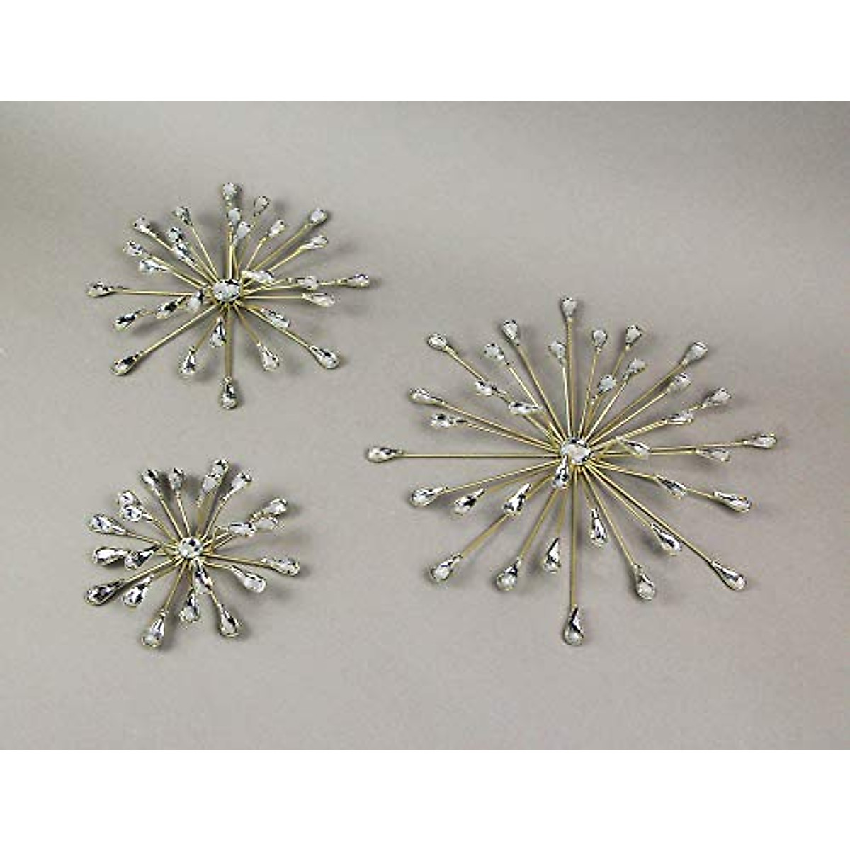Set of 3 Gold Finish Teardrop Crystal Jeweled Rhinestone Starburst Metal Wall Hangings Art Decorative Home Decor 6, 9, 12 Inches in Diameter