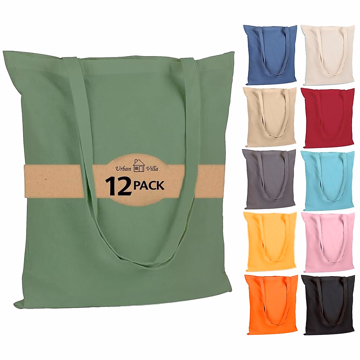 Urban Villa 12 Pack Reusable Grocery Bags 15’’x16’’ with 27’’ long Handle Green Color 100% Cotton Tote Bags Medium Weight Grocery Shopping Cloth Bags Great Choice for Promotion Gift DIY Advertising