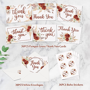 Levfla Floral Boho Thank You Cards 36 Pack Watercolor Pampas Grass Appreciation Cards Tropical Bohemian Gift Cards Set for Bridal Shower Baby Shower Weddings with Envelopes and Stickers