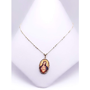 LESLIE BOULES Sacred Heart of Jesus Pendant Necklace for Women 18K Gold Plated Chain Religious Jewelry