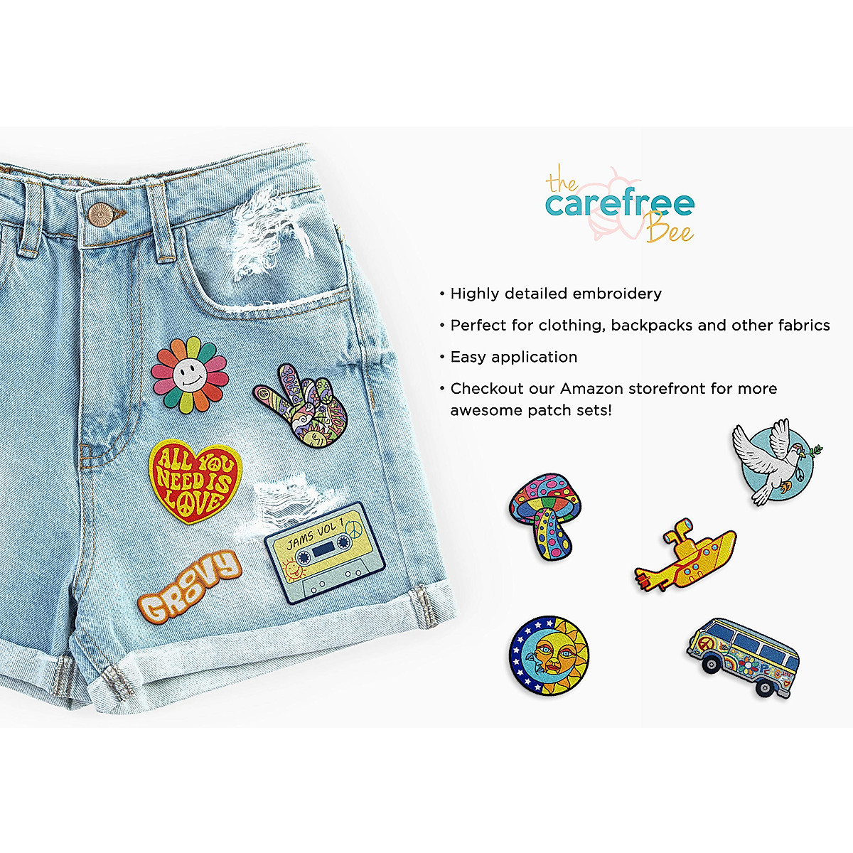 Iron on Hippie Patches Retro - The Carefree Bee | The Beatles Set of 12 Iron On Vintage Patches for Backpacks, Cute Jean Peace Sign Patches for Clothes (Set 4)