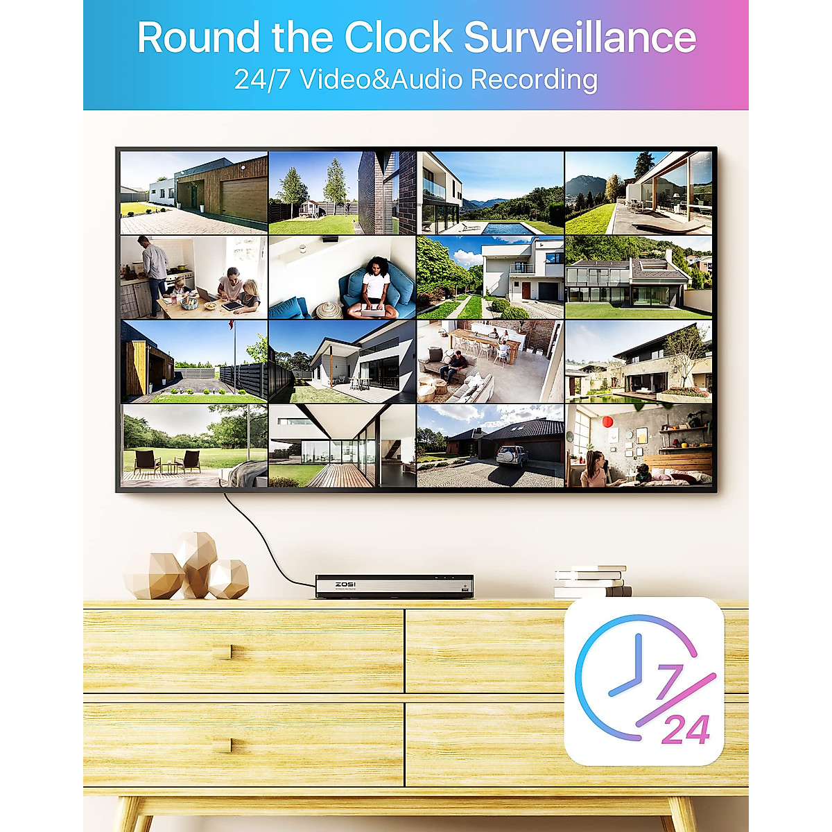 ZOSI 16Channel 4K PoE Home Security Camera System Outdoor Indoor with 4TB HDD,16pcs 4K PoE IP Cameras,Person Vehicle Detection,100ft Night Vision,2-Way Audio,16CH 4K NVR Recorder for 24/7 Recording