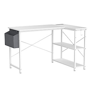 Mr IRONSTONE L Shaped Desk with Outlets & USB Ports, Reversible 47 Inch Office Desk, Corner Desk for Small Space, Home Office Desk with Storage Bag & Hook, White