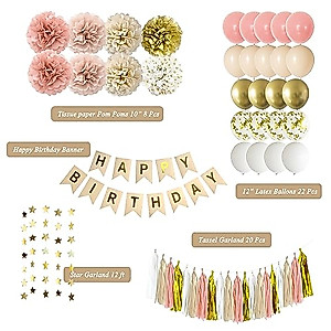ANSOMO Retro Pink Happy Birthday Party Decorations Dusty Rose Gold Nude Blush Apricot Tan Kraft Paper Banner Balloons Rustic Boho Décor Supplies Women Girls Baby Tassel Garland
