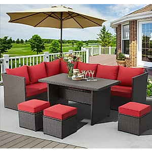 Generic 7 Piece Patio Conversation Set, Outdoor Sectional Sofa Rattan Wicker Dining Furniture, Gray (Red), dd1123