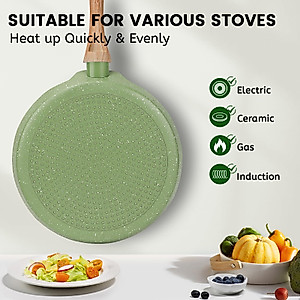 FTNESGYM Egg Pan Frying Pan Set, 7" 8.5" and 10" 3 Pieces Nonstick Crepe Pan Set, Omelet Pans, Flat Pan for Tortillas, Omelette, Pancake, Gas Stove Induction Compatible (Green)