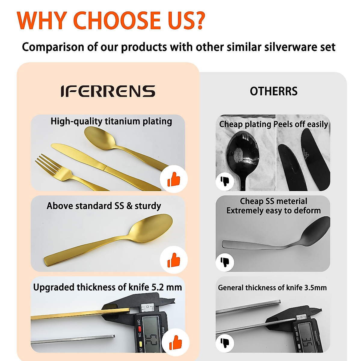 IFERRENS 40-Piece Matte Gold Silverware Set for 8, 18/0 Brushed Finish Stainless Steel Utensils Set, Dishwasher Safe Modern Flatware Set for Daily Home Restaurant Party Event Serving For 8