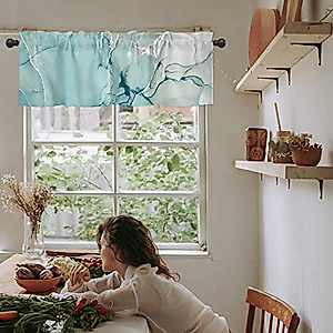 Kitchen Valances for Windows, Marble Texture Abstract Teal White Gold Glitter Splatter Kitchen Curtains, Kitchen Decor Short Curtains Rod Pocket Small Window Curtains, 54"x18" Bathroom Curtains Window