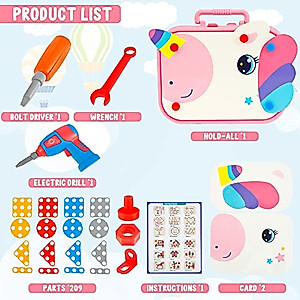 211 Pcs Creativity Tool Box, Electric Drill Puzzle Toys for Kids STEM Educational Building Toys Learning Kit with Electric Drill Screw Tool Set Educational Toys for Kids Boys and Girls Gift (Pink)