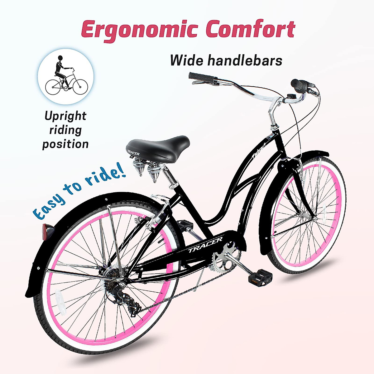 Tracer TAHA Beach Cruiser Bike for Women,26 Inch Wheels,Hi Ten Steel Frame,Shimano 7 Speed,V- Brake,Hybrid Bike for Adults,Complete Cruiser Bikes,Black