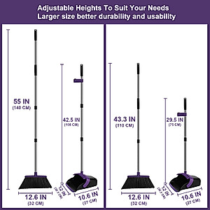 Large Broom and Dustpan Set, Purple Broom with Dustpan Combo Set, 55" Long Handle Broom, Self Cleaning Dustpan, Ideal for Home and Dog Cat Pets