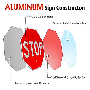 Stop Slow Sign with Bamboo Handle, 2-Pack 13" x 13" Double Sided Engineer Grade Aluminum Sign, Reflective,Sturdy, Easy to Assemble