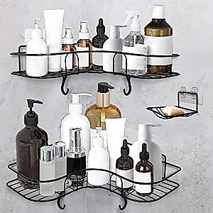 Huryfox Corner Shower Caddy Bathroom Organizer Shower Shelf with Soap Holder and Hooks, Adhesive Shower Shelves, Wall Mounted Shampoo Holder, 2 Pack Shower Racks for Inside Shower, Black
