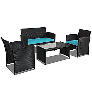 Goplus Rattan Patio Furniture Set 4 Pieces, Outdoor Wicker Conversation Sofa and Table Set with Soft Cushions & Tempered Glass Coffee Table for Balcony Garden Backyard (Turquoise)