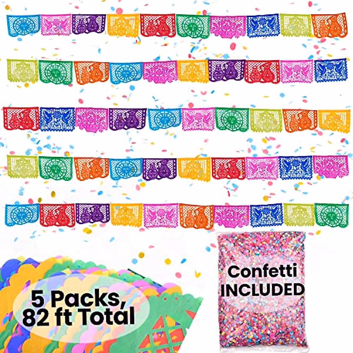 FIVE packs, 82 ft Mexican Party Banners PLUS 250 gr of Multicolor Confetti - Authentic Papel Picado - Handcrafted by Mexican Artisans - Cinco de Mayo decorations