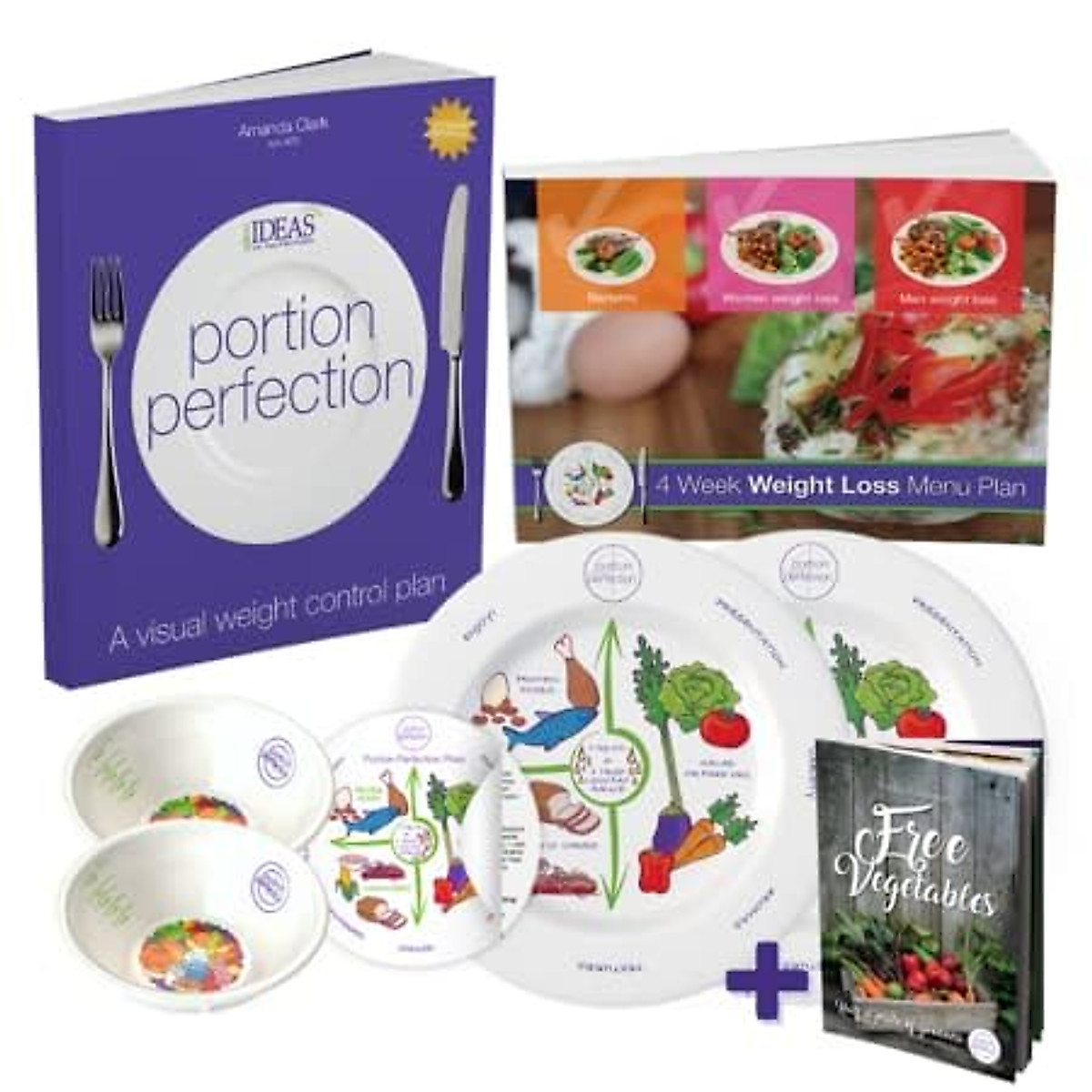 Portion Perfection Measuring Bowls & 10 Inch Portion Control Plate Set, International Book with 4 Week Plan & Low Starch Vegetables Cookbook for Healthier Diets, Diabetes, Weight loss & Pre-Surgery
