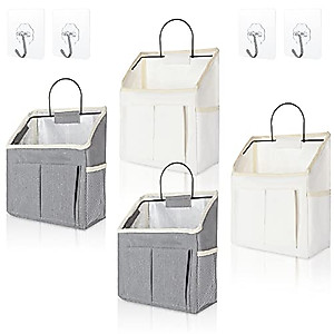 STARVAST 4Pcs 11 x 9 inch Wall Hanging Fabric Storage Bag Linen Cotton Hanging Wall Organizer with Pockets, Waterproof Wall Storage Box with Sticky Hook for Bedroom, Office, Dormitory, RV Camper