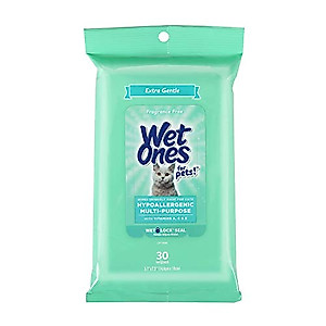 Wet Ones for Pets Hypoallergenic Multi-Purpose Wipes for Cats | Extra Gentle Fragrance-Free Cat Grooming Wipes with Vitamins A, C, & E, Wipes with Wet Lock Seal | 30 Count Pouch Cat Wipes