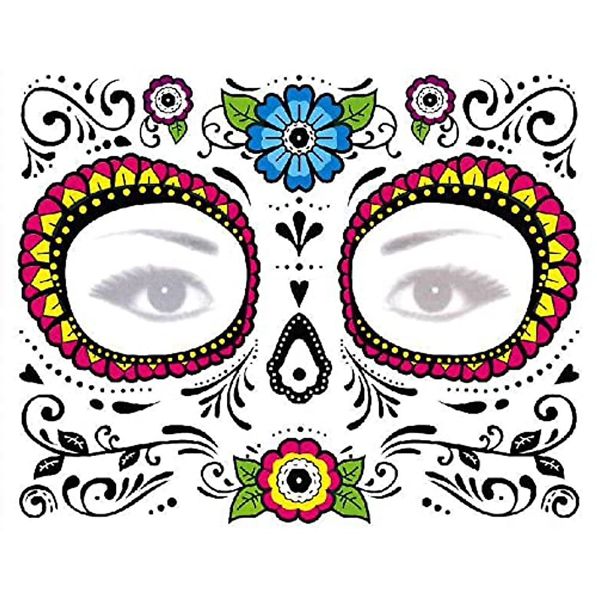 Day of Dead Face Tattoos, 6-Sheet Sugar Skull Tattoos Temporary Stickers and 3-Sheet Fake Floral Black Skeleton Web Full Face Mask Tattoo for Women Girls Kids Holloween Face Makeup