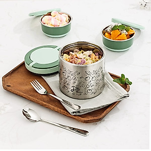 Lille Home Lunch Box Set, A Vacuum Insulated Bento/Snack Box Keeping Food Warm for 4-6 Hours, Two Stainless Steel Food Containers, A Lunch Bag, A Portable Cutlery Set (Green)