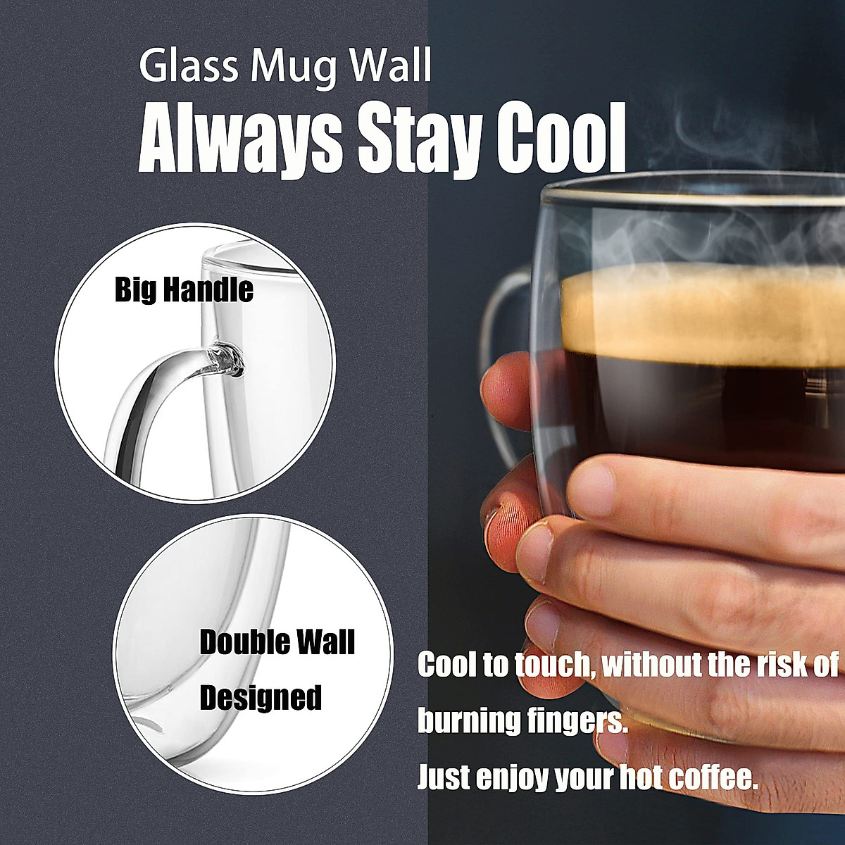 PunPun Bundle: 17oz Large Clear Coffee Mugs (Set of 2) & 8.5oz Shot Glass Coffee Cups (Set of 2) & 2.7oz Tea Cups (Set of 4) Double Wall Designed Glass Cups