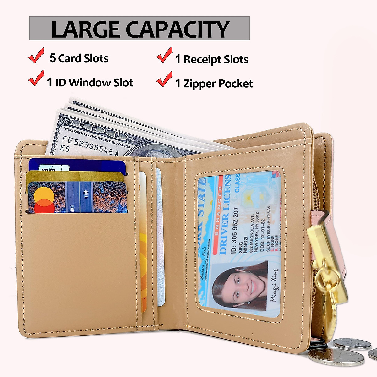 VODIU Women's Short Purse Leather Medium Wallet Leaf Bifold Card Coin Holder Small Purses Buckle Zipper Clutch