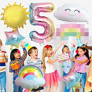 5th Birthday Decorations Girl, 5th Rainbow Birthday Balloons Set with Sun Rainbow Gradient Stars and 40 Inch Number 5 Foil Balloon for Rainbow Theme Girls 5th Birthday Party Decoration Supplies