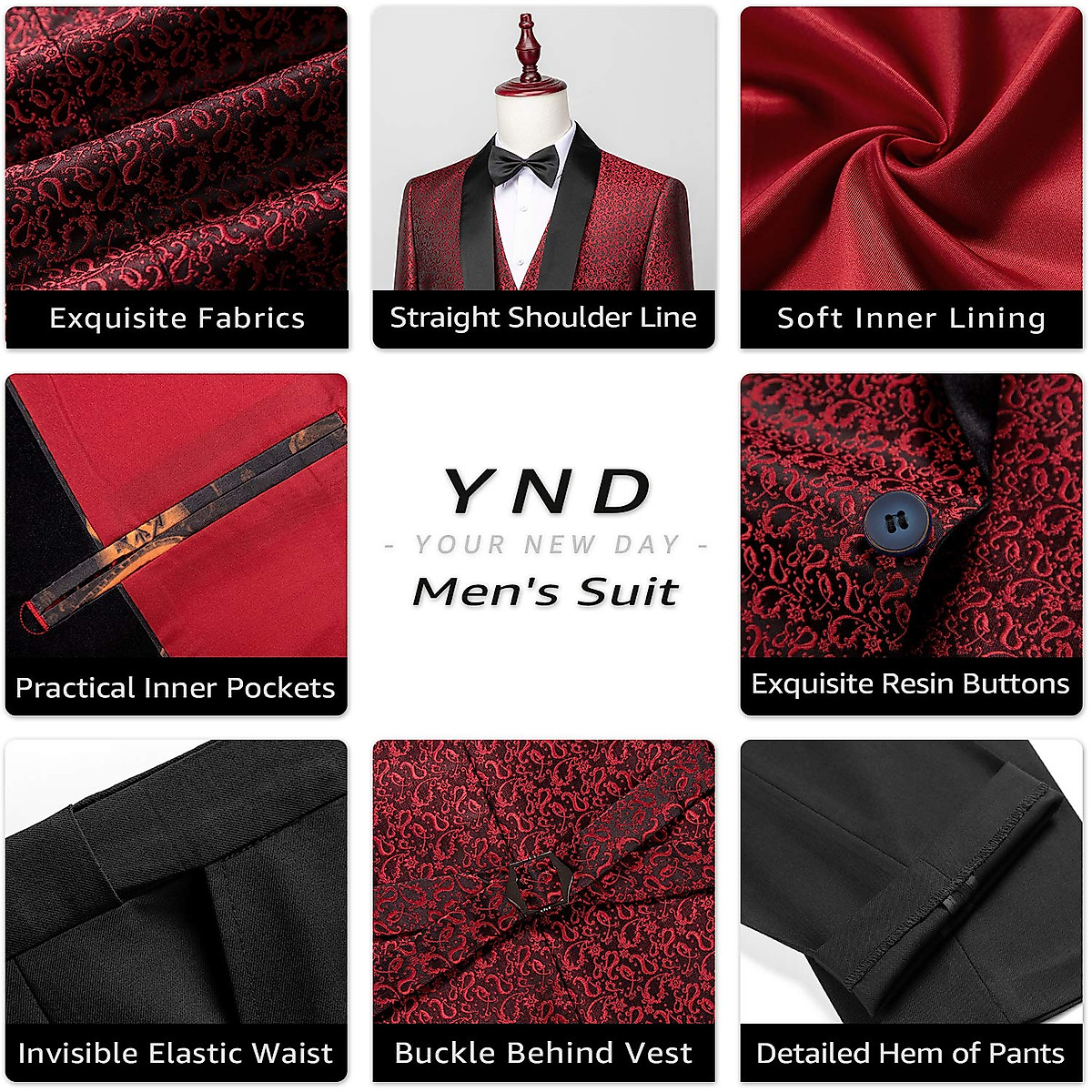 YND Men's 3 Piece Slim Fit Tuxedo Suit Set, One Button Shawl Collar Floral Business Blazer Jacket Vest Pants with Bow Tie, Red