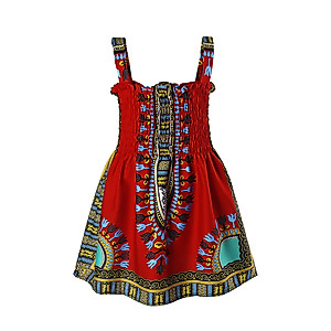 Kids Toddler Girls African Dress Dashiki Ankara Outfit Sleeveless Sling Smocked Dress Boho Baby Girl Clothes (5-6X, red)