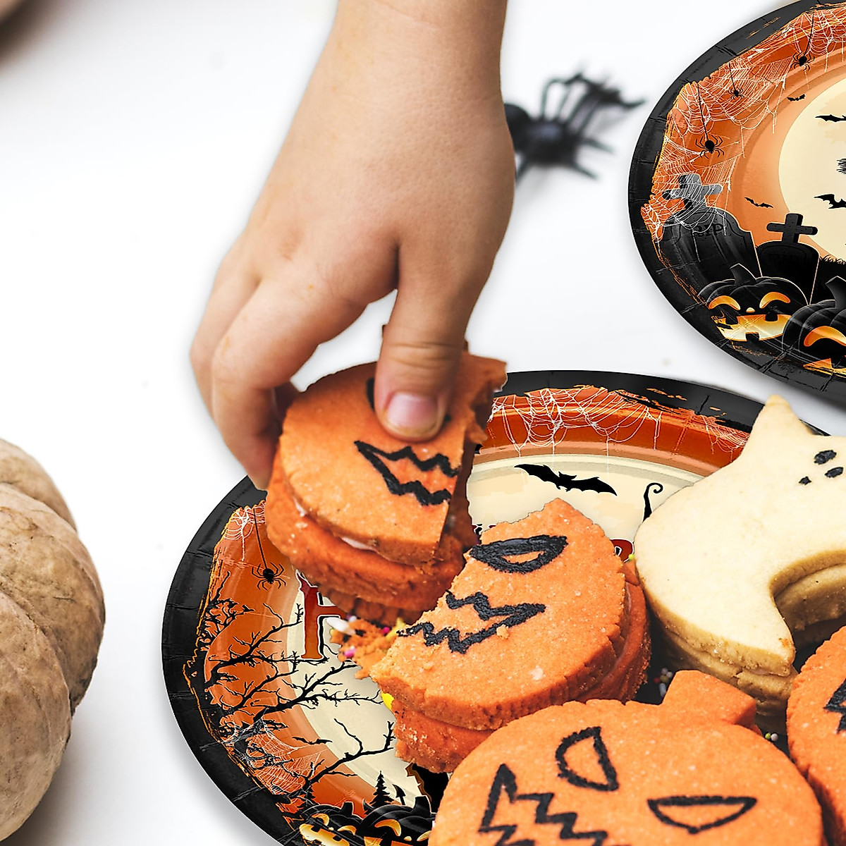 Avezano 192 Pcs Halloween Paper Plates and Napkins Happy Halloween Tableware Scary Moon Night Halloween Birthday Baby Shower Party Decorations Serve 24 (Orange)