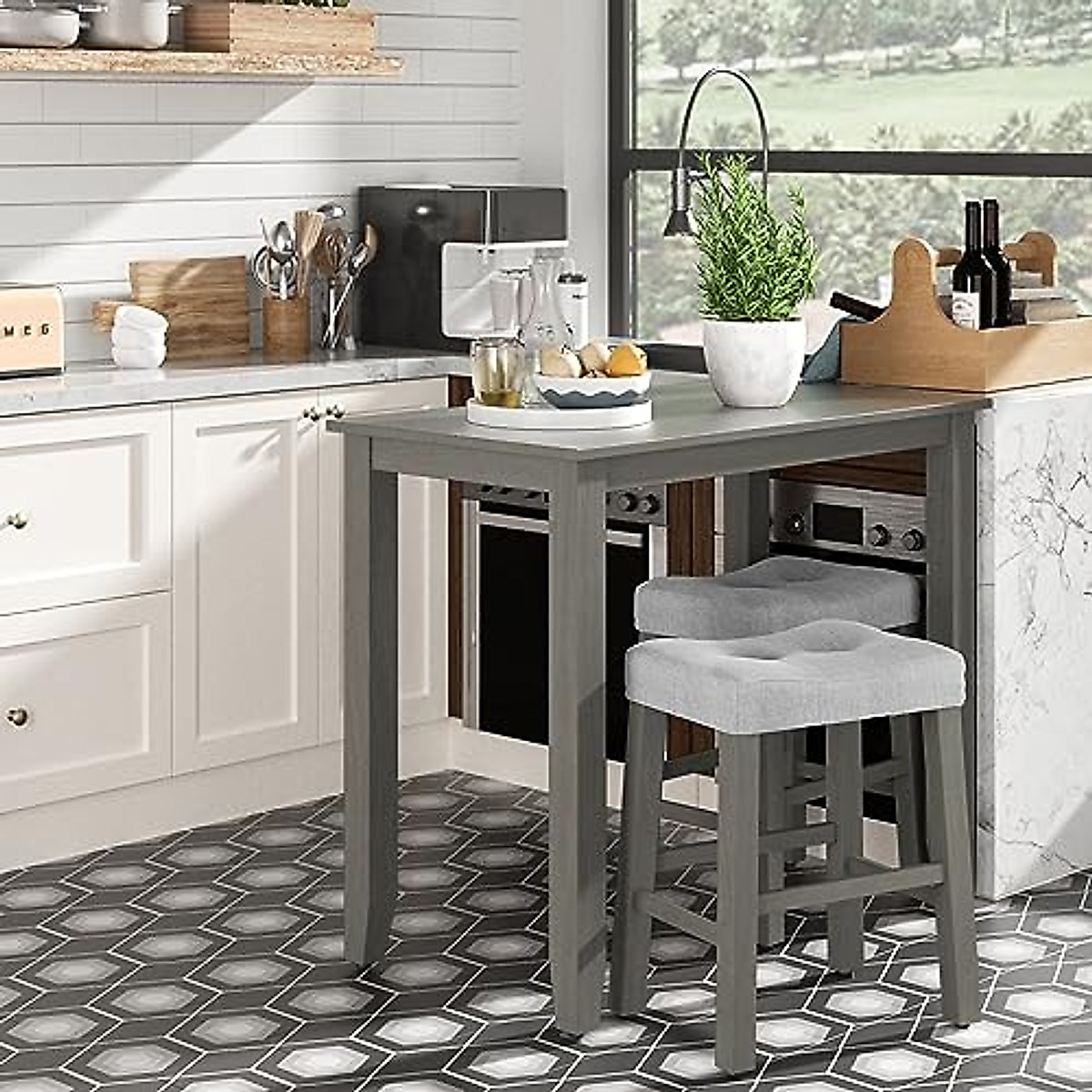 Nathaniel Home 3 Piece Table Set Counter Height Dining Furniture One Bench and Two Saddle Stools, Gray