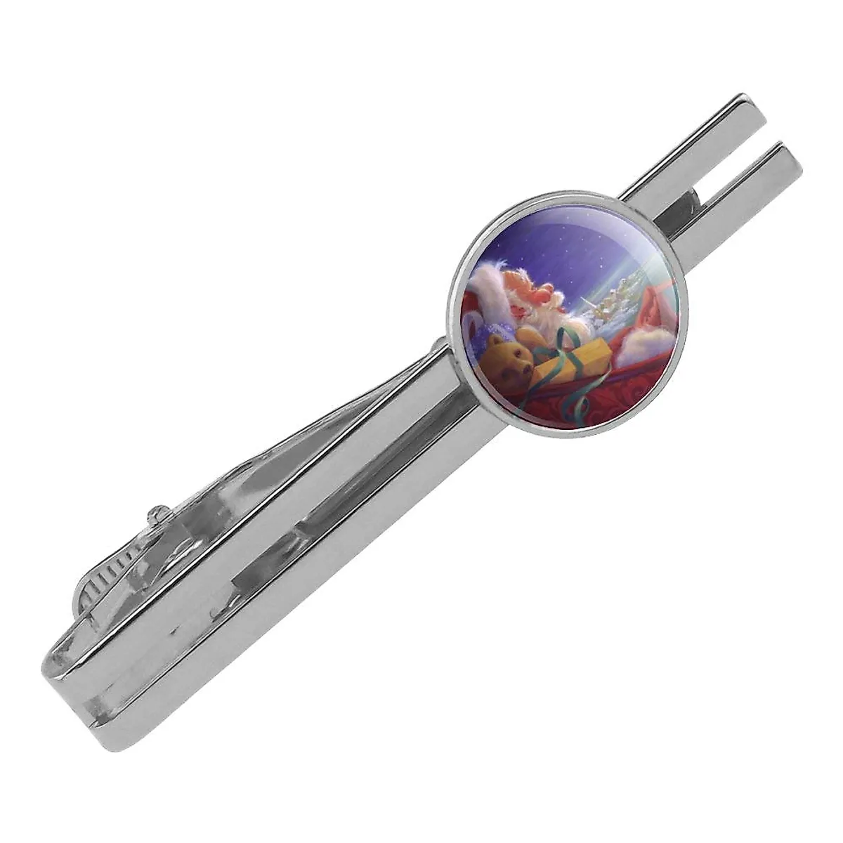 GRAPHICS & MORE Christmas Holiday Santa Claus Night Sleigh Ride Round Tie Bar Clip Clasp Tack Silver Color Plated