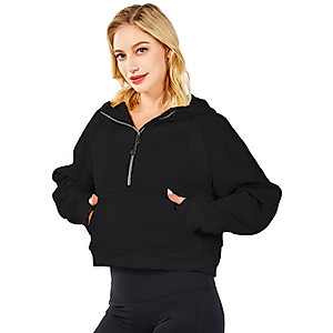 XWEAIJ Cropped Black Hoodies Oversized Sweatshirt Cute Clothes for Teen Girl Quarter Zip Pullover Women Casual Fleece Lined Thumb Hole Black Small