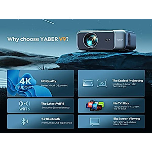 [Auto Focus] YABER Pro V9 4K Projector with WiFi 6 and Bluetooth 5.2, 500 ANSI Native 1080P Outdoor Movie Projector, Auto 6D Keystone & 50% Zoom, Home Theater Projector for Phone/TV Stick/PC