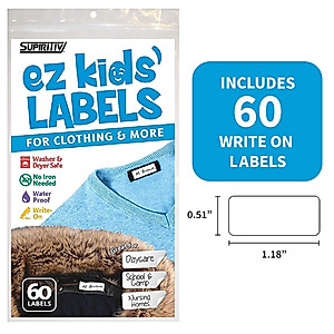 Ez Kids Clothing Labels Self-Stick No-Iron Write-On | Great for Children & Adults | Washer & Dryer Safe | School, Camp, Nursing Care, Toys, Organizing, All Purpose | 1 Sheet of 60 Blank Labels
