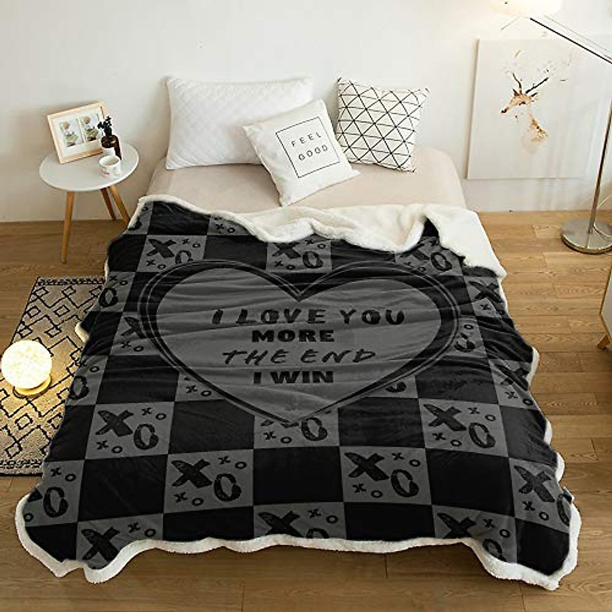 Sherpa Fleece Blanket Ultra Soft Throw Blanket - Valentine's Day I Love You More The END I Win Dark Grey - Fuzzy, Cozy, Shaggy, Warm - Reversible Microfiber Blanket for Bed Sofa Couch, 49 x 79 Inches