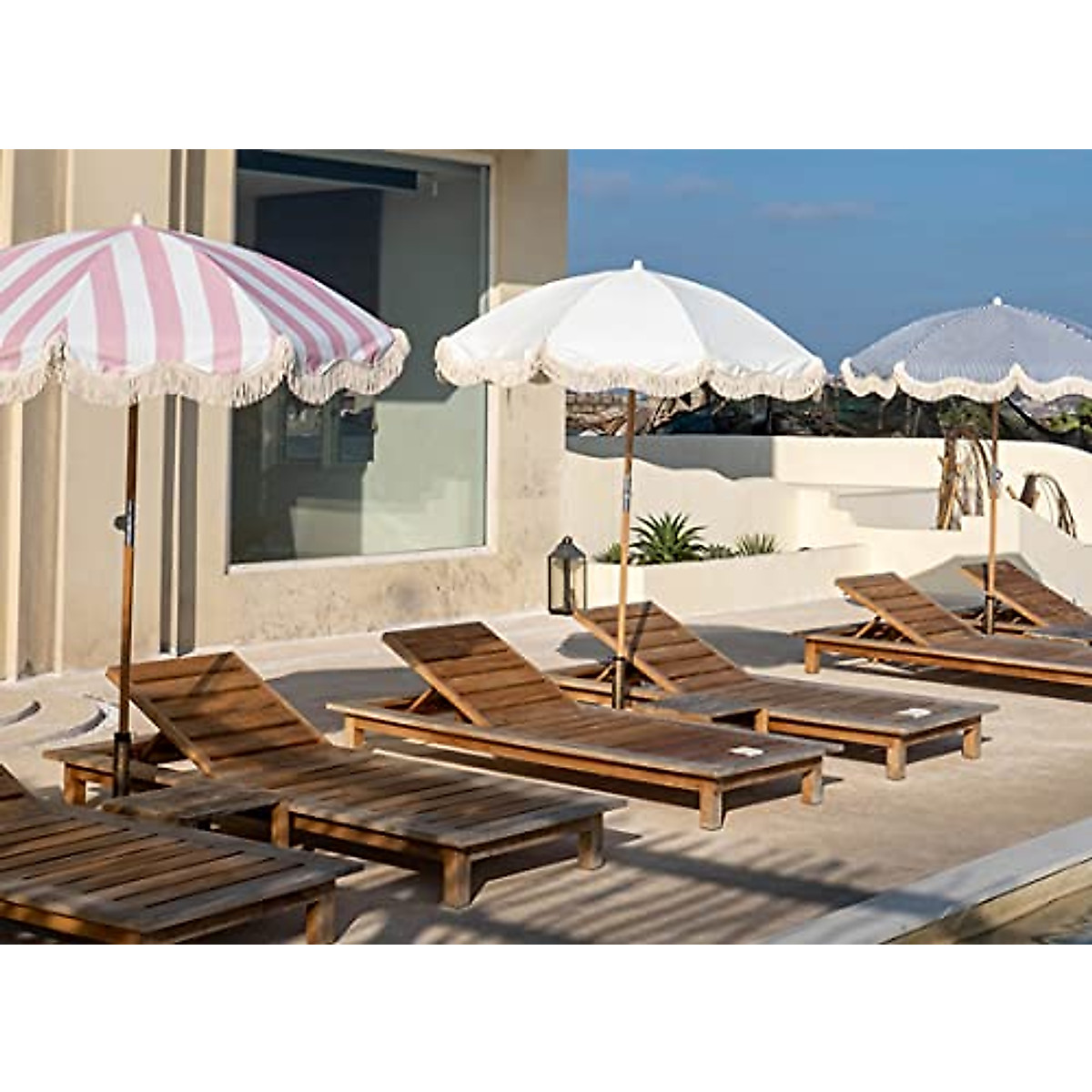 Funsite 6.5ft Boho Beach Umbrella with Fringe, UPF 50+ Tassel Umbrellas with Carry Bag, Premium Wood Pole Foldable Patio Umbrella for Outdoor Holiday Garden Lawn Pool Yard Table, White