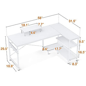 ODK Small L Shaped Computer Desk with Reversible Storage Shelves, 58 Inch Corner Desk with Monitor Stand for Small Space, Modern Simple Writing Study Table for Home Office Workstation, White
