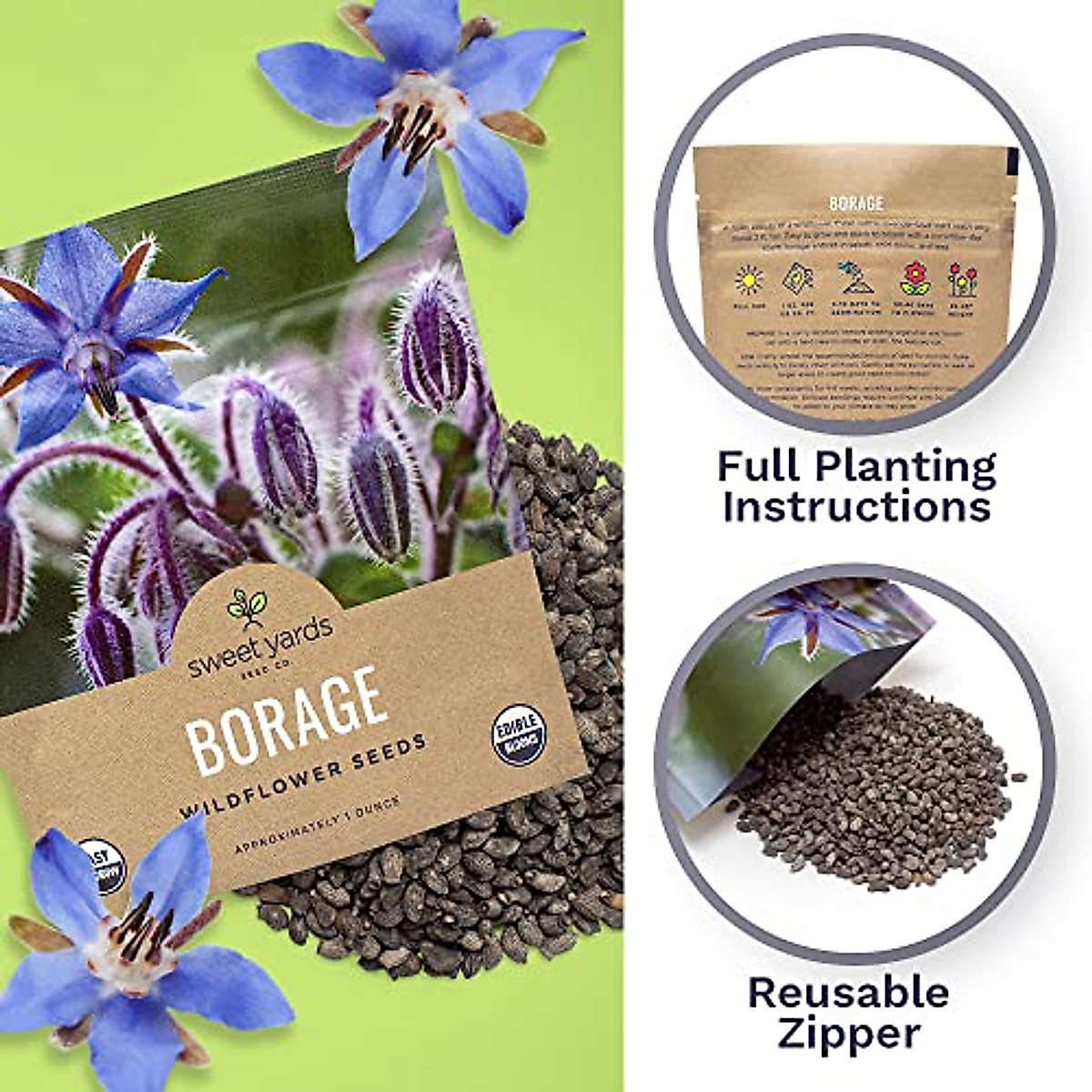 Sweet Yards Seed Co. Borage Seeds – Extra Large Packet – Over 1,200 Open Pollinated Non-GMO Wildflower Seeds – Borago officianalis