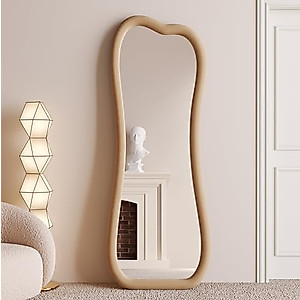 BOJOY Full Length Mirror, 63" x 24" Wall Mirror, Flannel Wrapped Wooden Frame Floor Mirror, Irregular Wavy Mirror Hanging or Leaning Against Wall for Cloakroom/Bedroom/Living Room, Milk Tea
