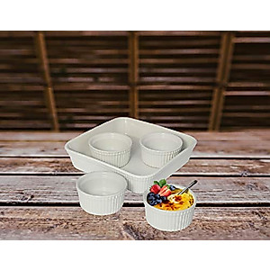 LE REGALO 5 Piece Dessert Set, Set of 4 Ceramic Ramekin Bowls and 1 Stoneware Baking Dish, Large, White