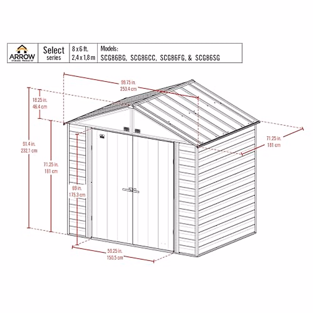 Arrow Select 8' x 6' Outdoor Lockable Steel Storage Shed Building, Flute Grey