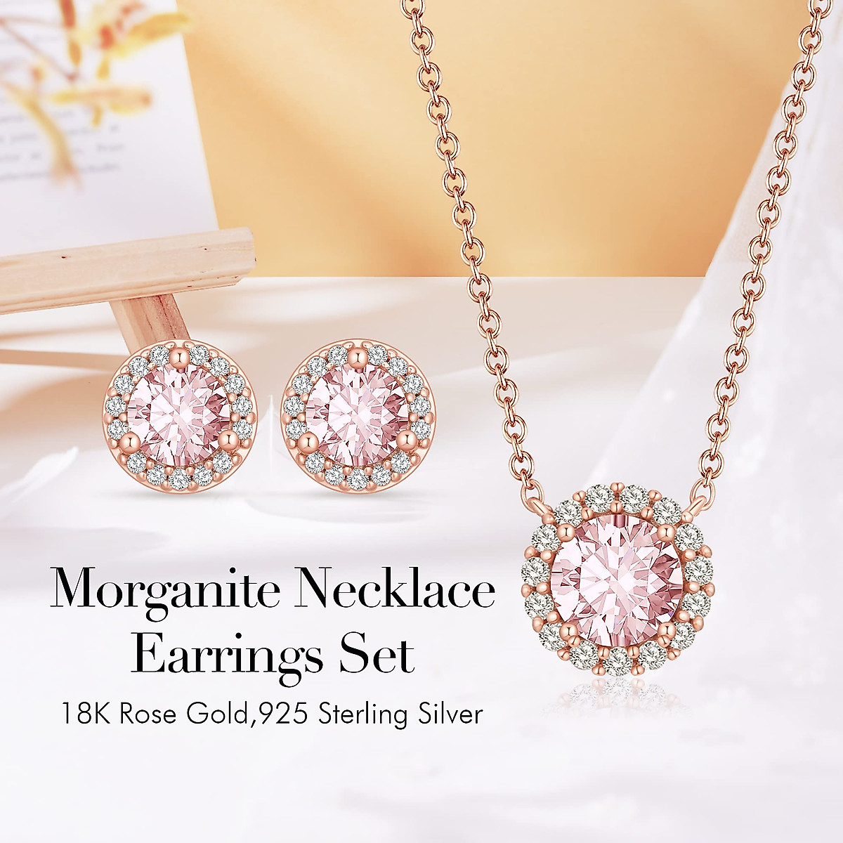 Gloffery 18K Rose Gold Created-Morganite Pendant Necklace for Women 925 Sterling Silver Round Solitaire Dainty Necklaces