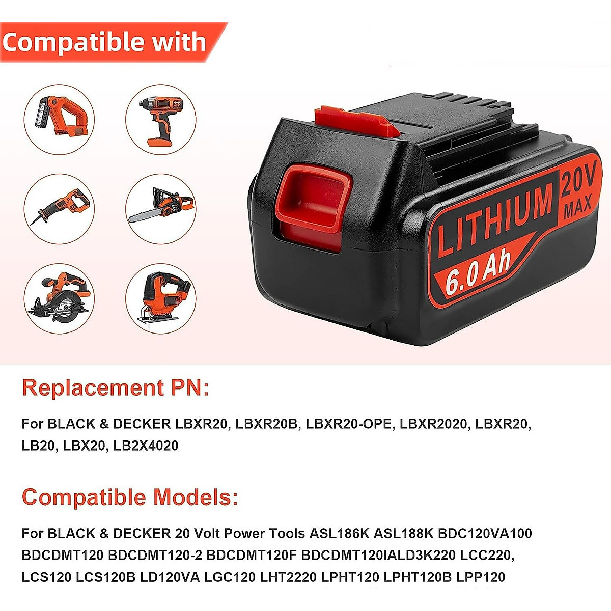 ARyee LB2X4020 6.0Ah 20V Lithium Battery for Black and Decker 20Volt Max LBXR20 LB20 LBX20 LBXR2020 LBX4020 LB2X4020-OPE LBXR20-OPE LBX4020 LST220 Cordless Power Drill Tools