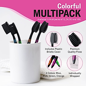Charcoal Toothbrushes with Covers - Deepest Clean Black Charcoal Soft Bristle Toothbrush - Multi Colored Individually Wrapped Disposable Tooth Brush for Travel, Kids, Family, Dental Care (12 Pack)