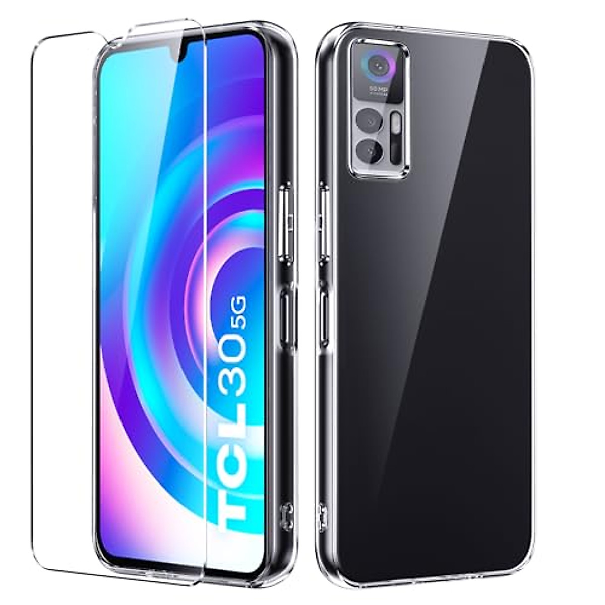 Dioxide Compatible for TCL 30 5G/TCL 30+ 5G Case with Screen Protector, Full Body Protection Case Transparent Silicone Bumpers Shockproof Case for TCL 30 5G/TCL 30+ 5G